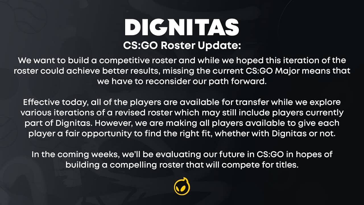 Dignitas, CSGO Takımıyla Yollarını Ayırıyor - eSports360